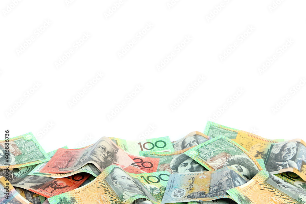 Group of colorful australian money banknote dollar (AUD) pile on white ...