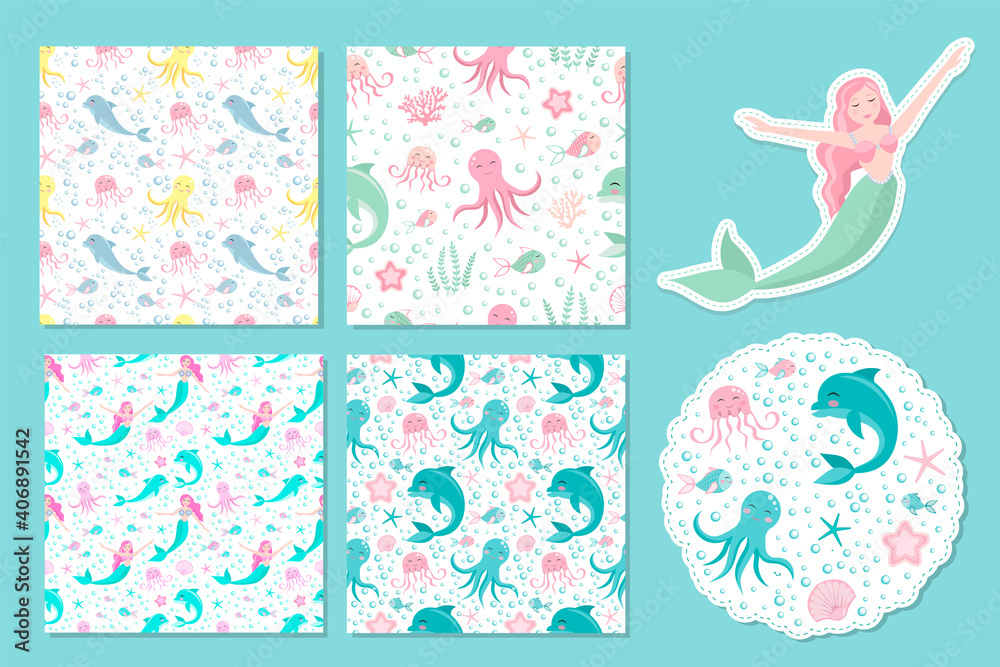 Cute seamless patterns with sea animals. Octopus, dolphin, jellyfish ...