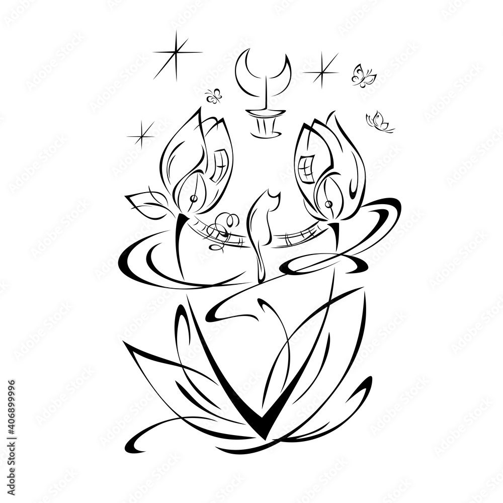 cartoon 10. a small kitten sits on a bridge between two stylized flower ...