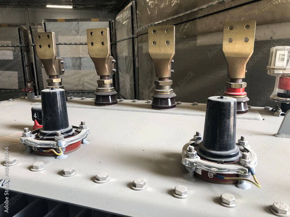 Electrical contacts on the transformer. Electric transformer unit Stock ...
