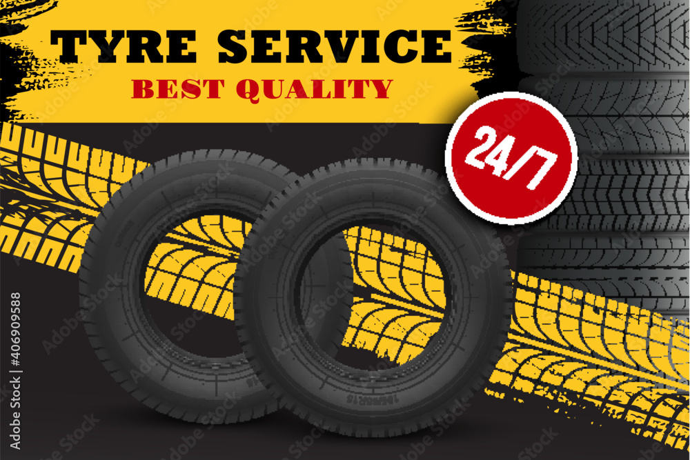 Car tire repair and replacement service banner. Automobile new road ...