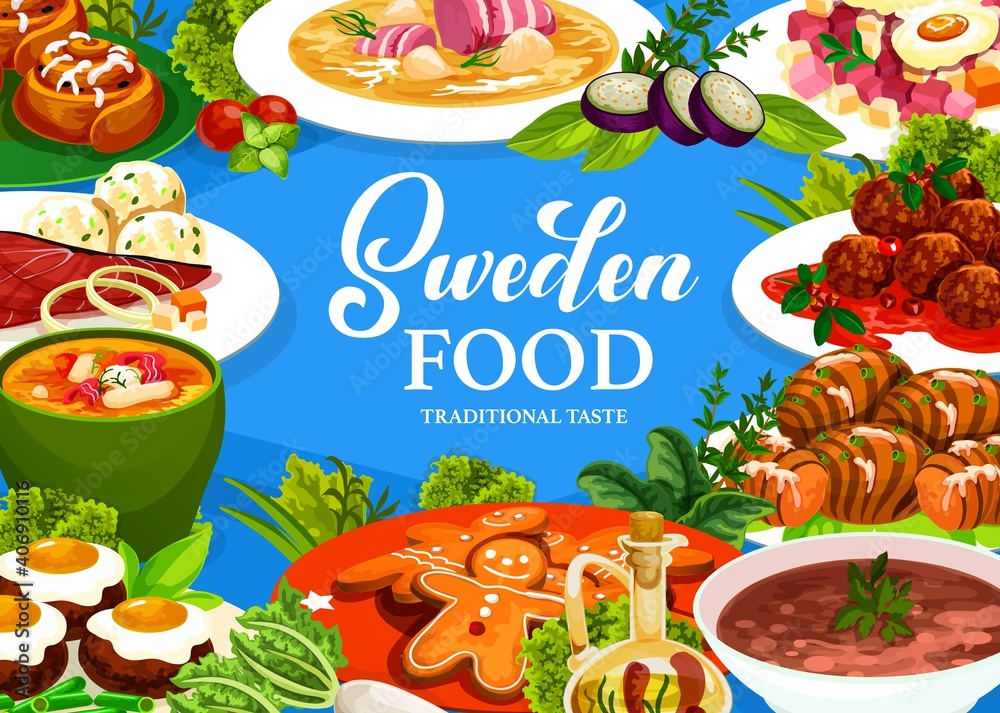 Sweden cuisine vector gravlax, ginger cookie and cinnamon buns, salmon ...