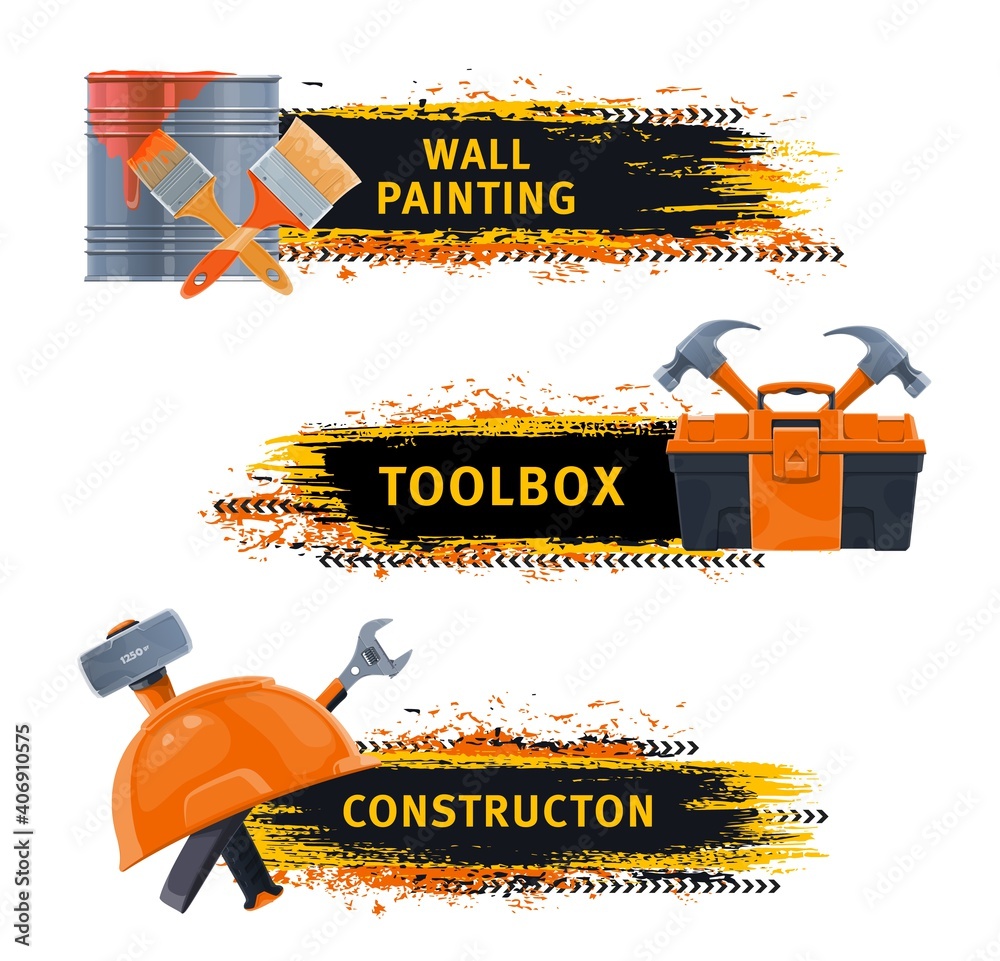 Wall painting and construction tools banners. Paint bucket and brush ...