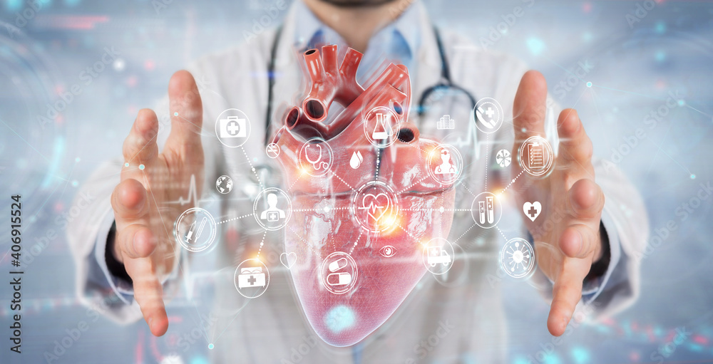 Cardiologist using digital x-ray of human heart holographic scan ...