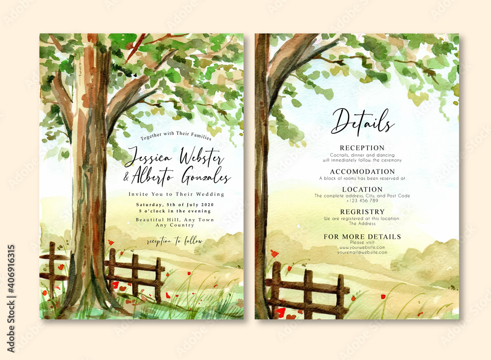 Watercolor Landscape Wedding Invitation with Trees and Green Field Blue ...