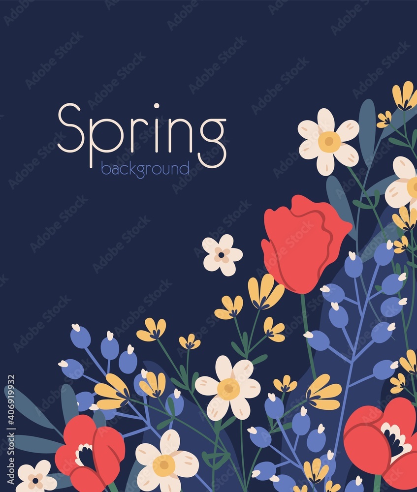 Spring floral background with composition of blooming wild flowers ...