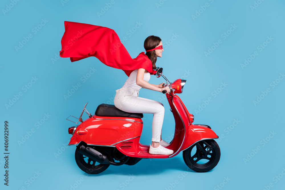 Full length profile photo of attractive hero lady drive moped wear ...