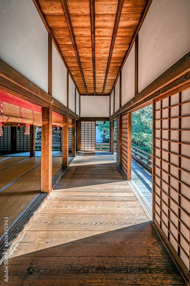 Wood and paper blinds create open windows for viewing gardens in these ...