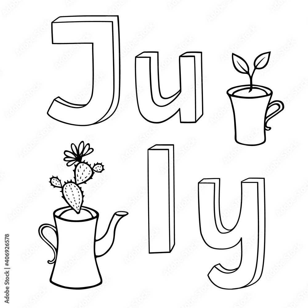 Handwritten names of summer month of the year July. Lettering phrase ...