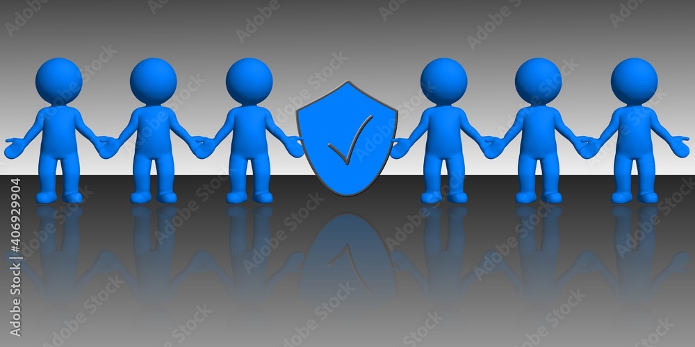 Safety sign - line of 3D people holding hands with safe shield in the ...