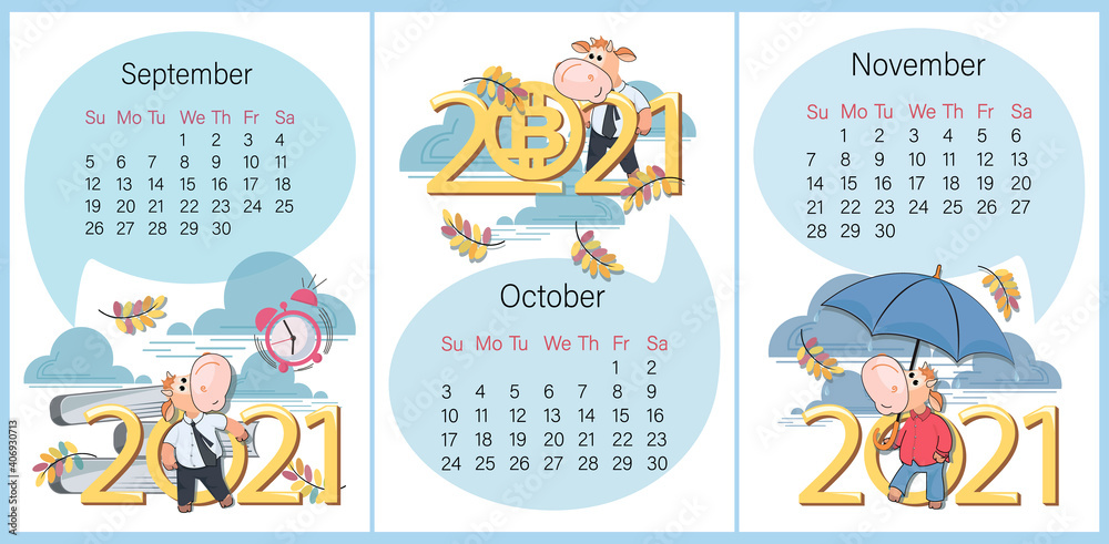 Autumn calendar. September, October, November 2021. Set. Funny calf ...