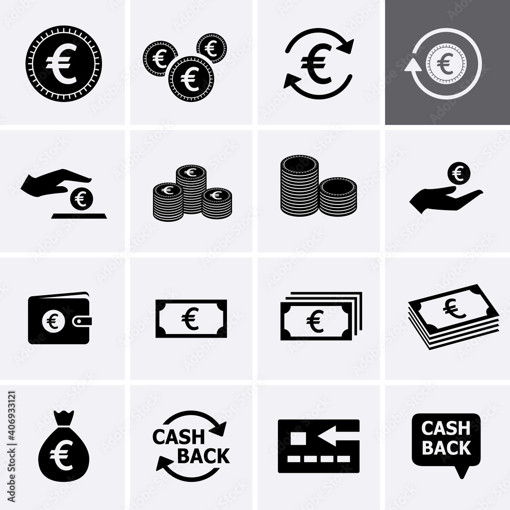 Money Icons set. Coins, banknote, cash back, euro icon and more. Stock ...