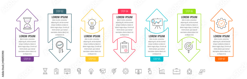 Vector infographic with 7 step, label, numeral, arrows. Timeline used ...