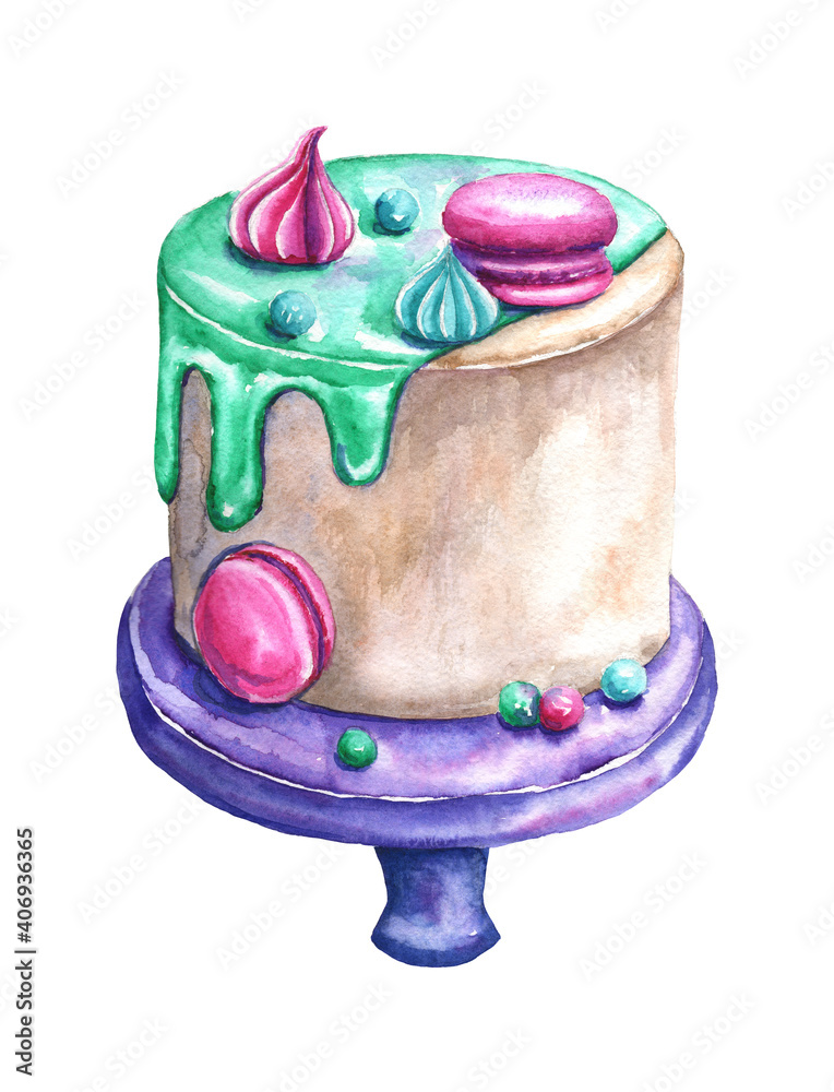 Watercolor delicate sponge cake with fondant, meringue, and macaroons ...