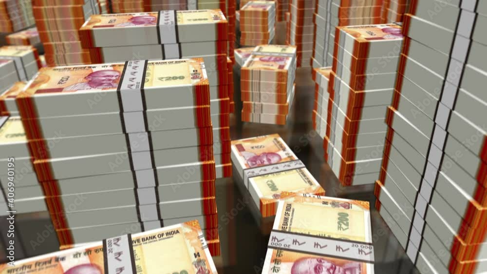 Indian rupee money notes packs loop. 3D flight over INR banknotes ...