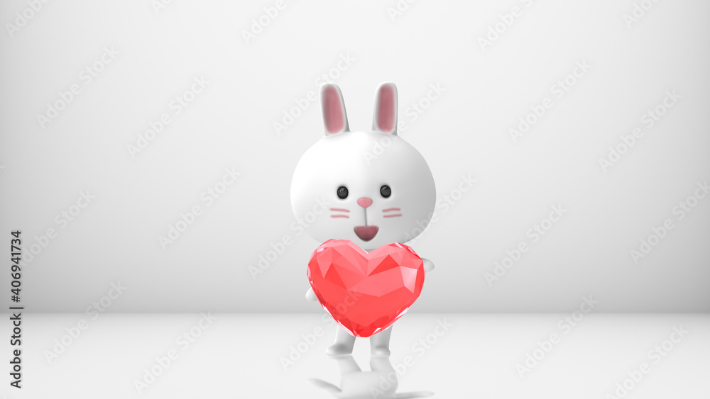 3D rendering A white rabbit standing with a red-pink crystal heart ...