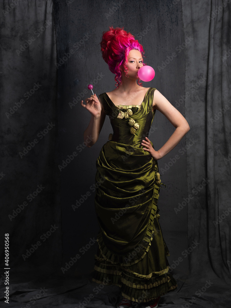 Neo kitsch, young woman in Baroque style, costume and high hairstyle in ...