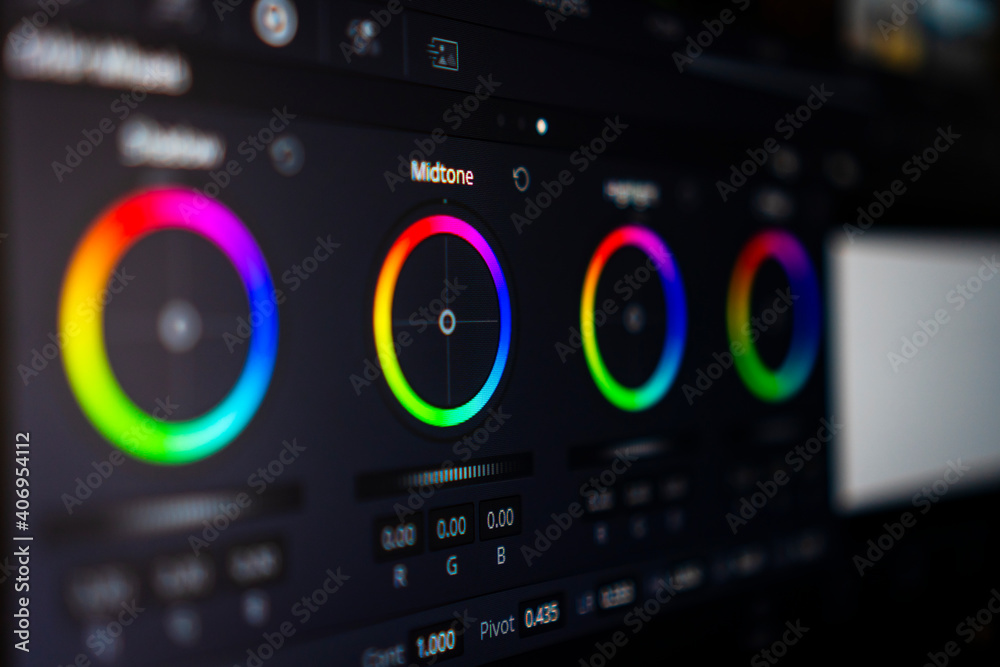Video editing, color correction software, close up of the screen. video ...