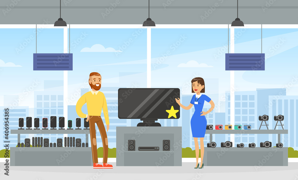 Male Shop Assistant Helping Young Woman to Choose TV at Shopping Mall ...
