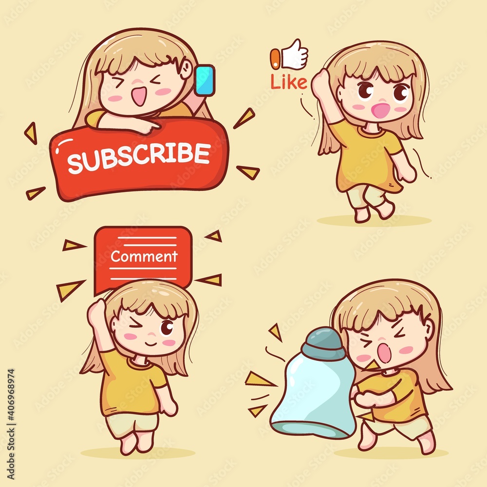 content creator youtuber character, cute girl character with subscribe ...