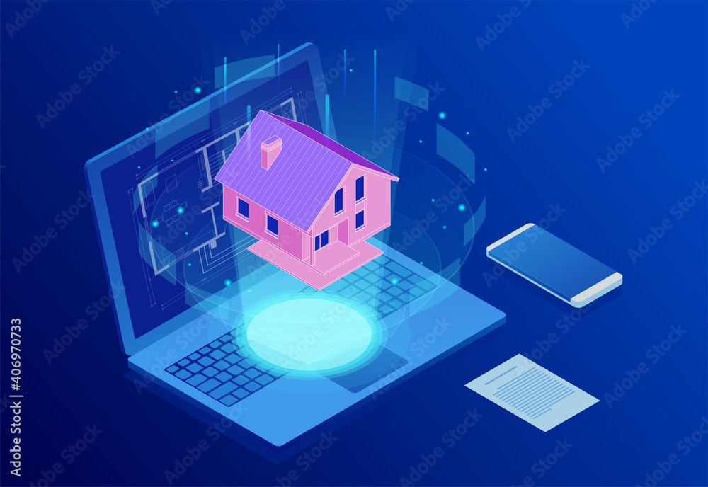 Isometric house architectural project. Virtual interactive interface ...