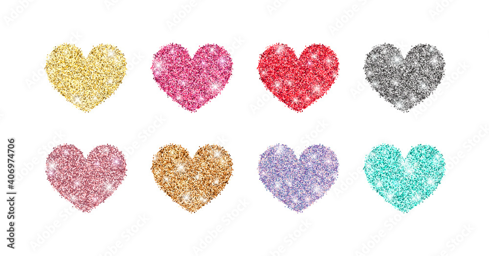 Decorative glitter shiny hearts set isolated on white. Rose gold, pink ...