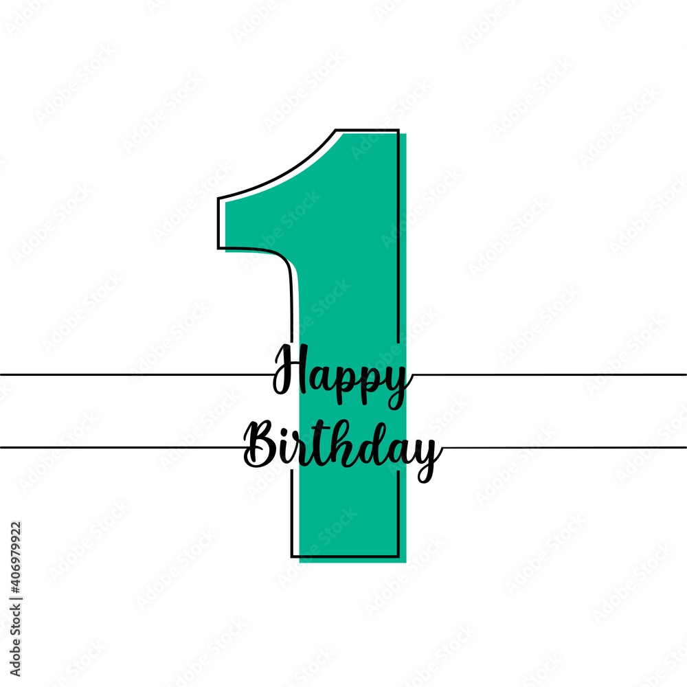 Continuous one line drawing one years old with lettering Happy birthday ...
