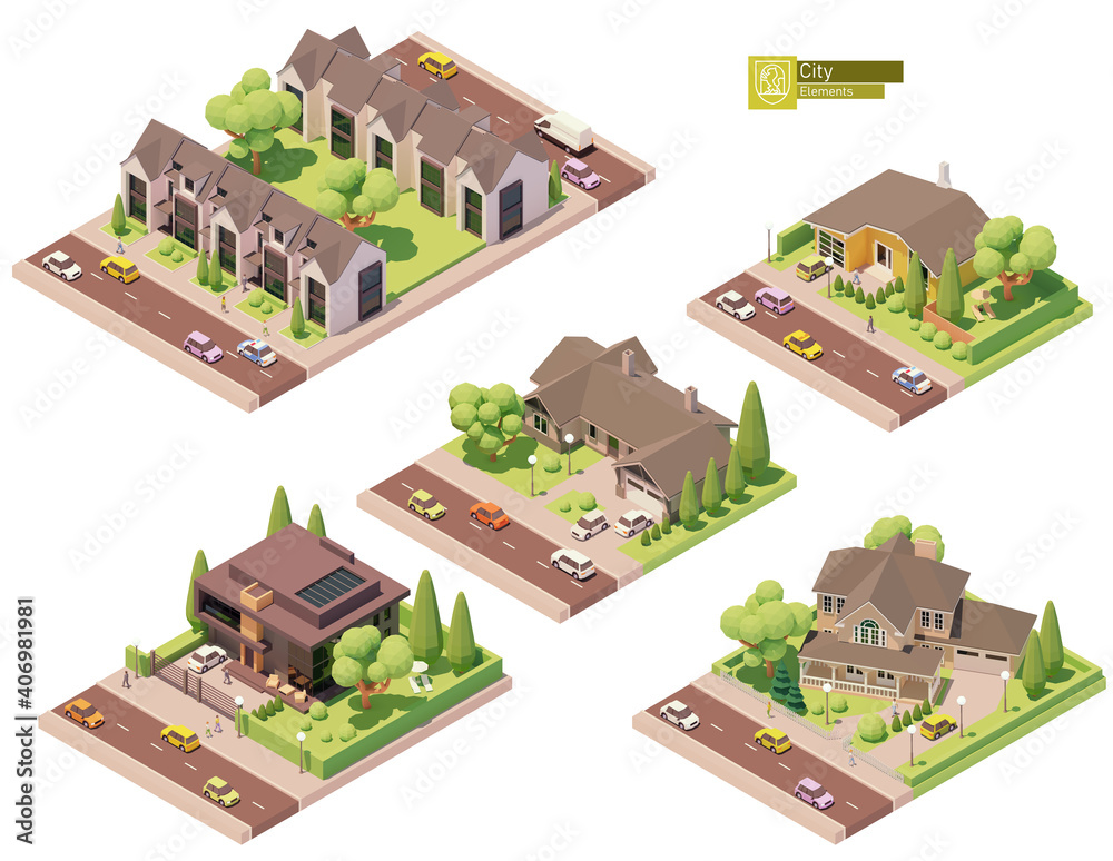 Vector isometric buildings and street elements set. Suburban and ...