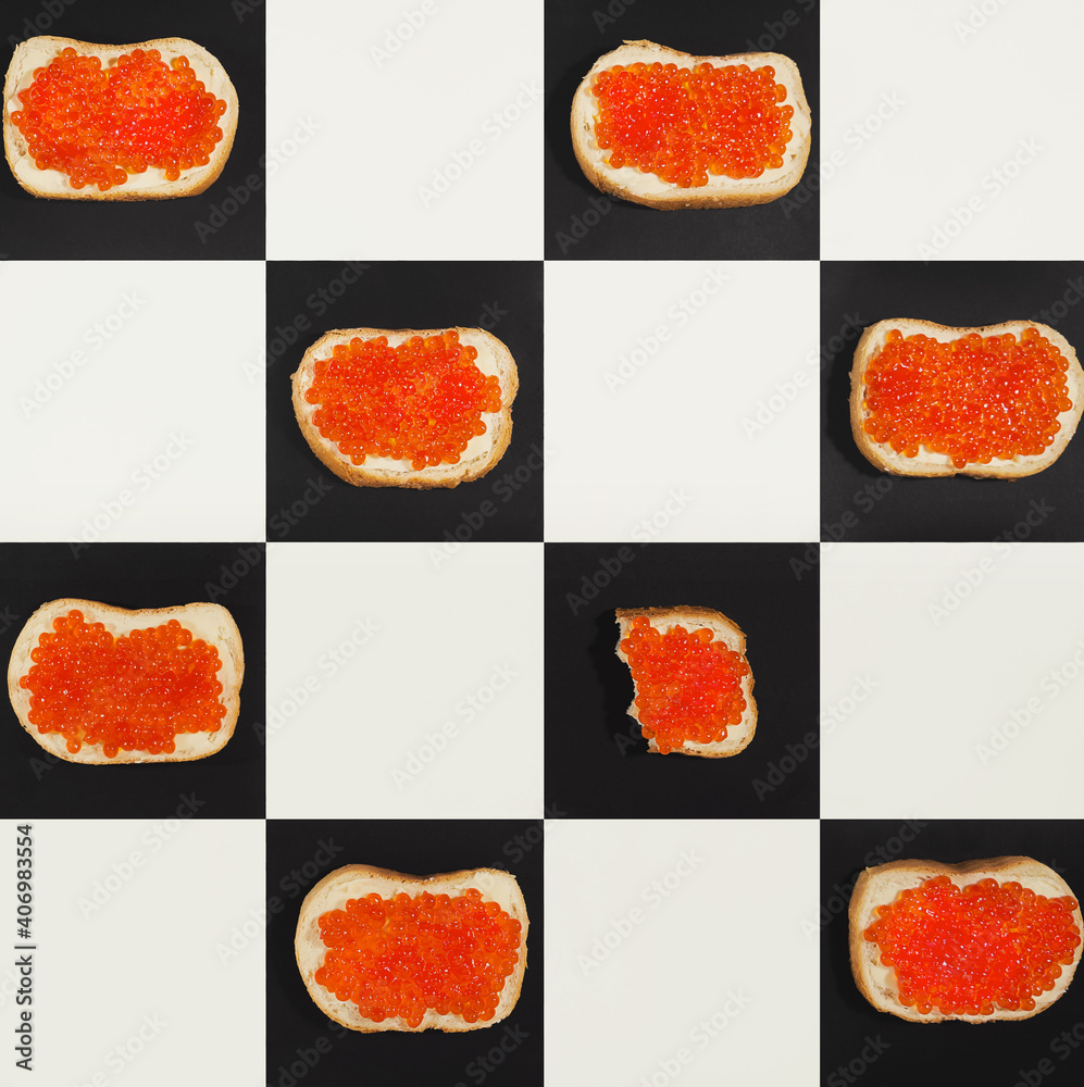 Poster Salmon caviar canapes pattern on chess bords, top view – Wall ...