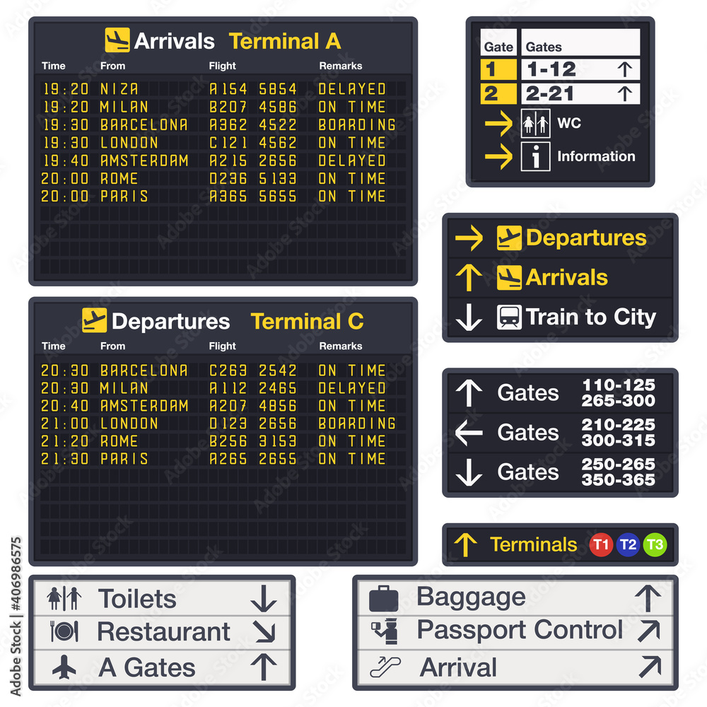 Airport vector board for announcing flight. Departure boards with signs ...
