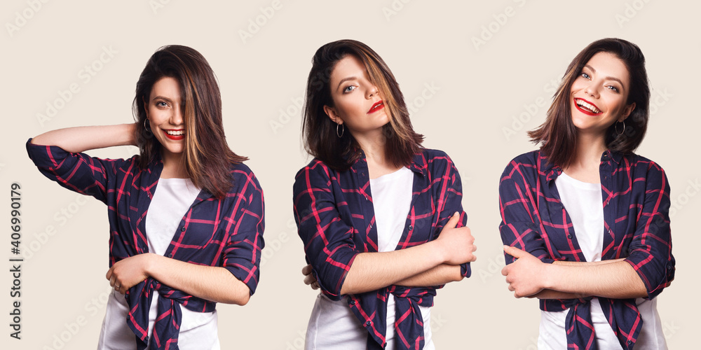 Collage of different facial expressions of beautiful young woman with ...