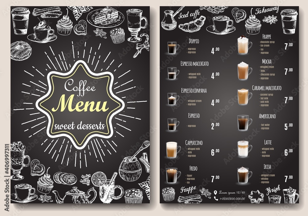 Coffee menu vector template. Front and back sides A4 paper format ...