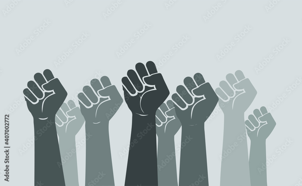 Multiracial human hands and fists raised in the air - symbol of ...