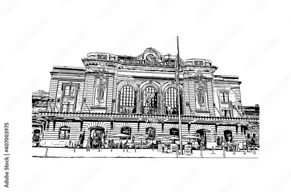 Building view with landmark of Denver is the capital of Colorado. Hand ...