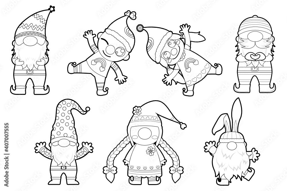 Gnome line art black and white cute cartoon character design. Stock ...