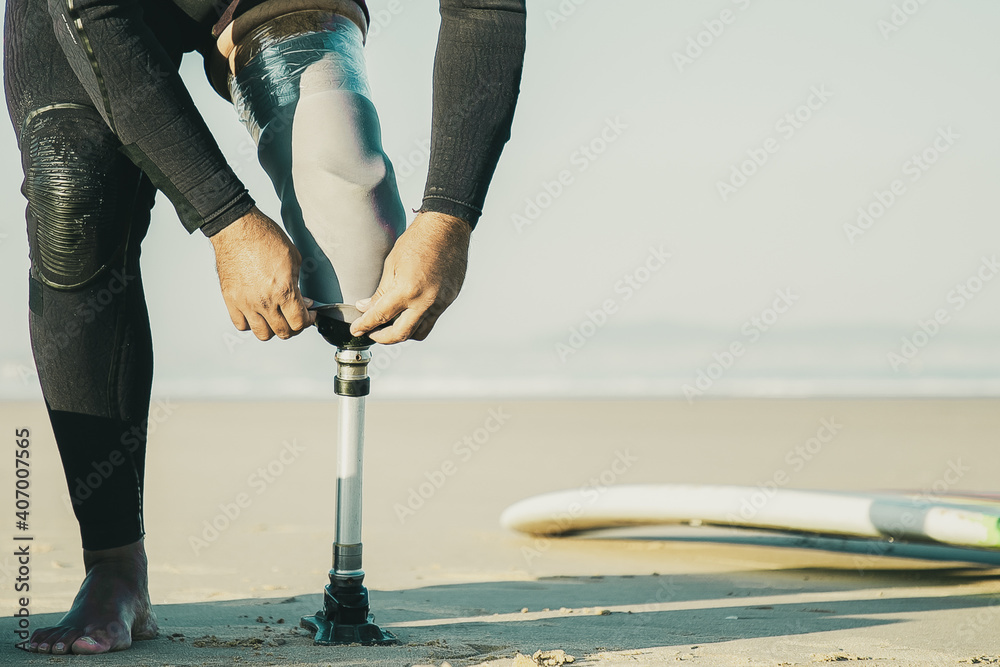 Surfer wearing wetsuit, standing by surfboard on sand and adjusting ...