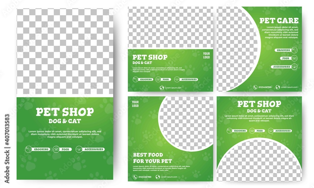 Set of Editable square banners. Pet shop and pet care banner with green ...