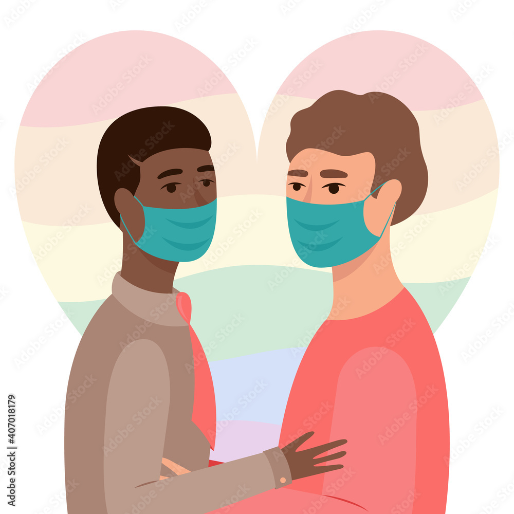 Couple in masks are hugging. Couple keep distance. Man and man are ...