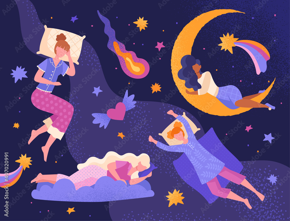 Abstract dream set. Various multiracial sleeping female characters ...