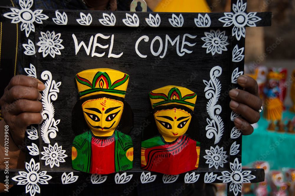 welcome sign board made from wood.folk art of bengal Stock Photo ...