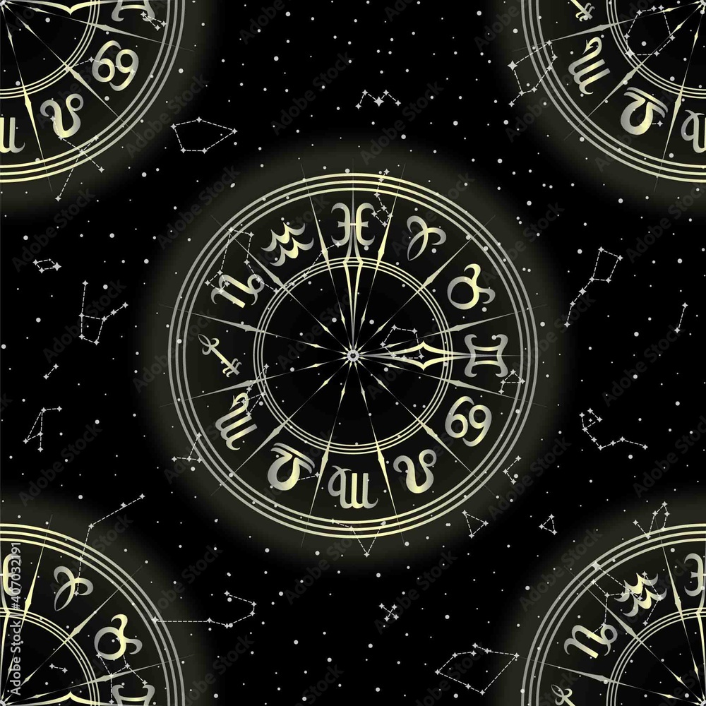 Abstract Black and Golden Seamless Pattern with Frame of Zodiac Signs ...