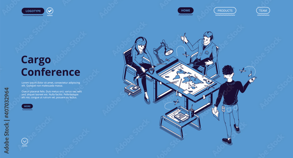 Cargo conference isometric landing page, business people discuss global ...