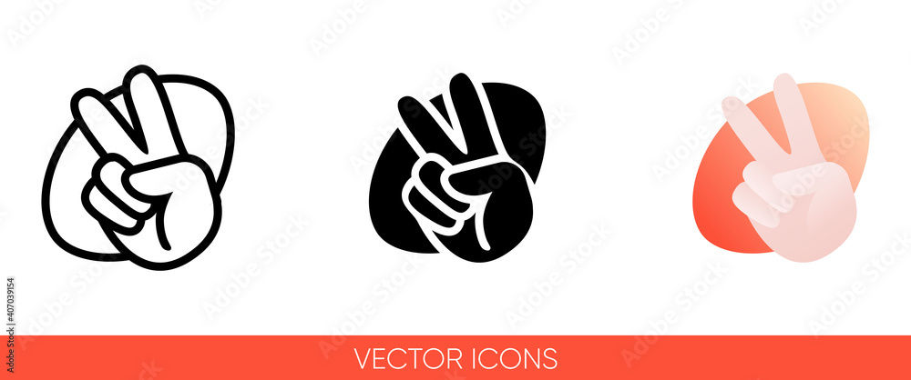 Peace sign hand with fingers on a red oval icon of 3 types color, black ...