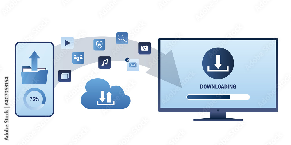 Downloading files on pc or smartphone. Software page on monitor and ...