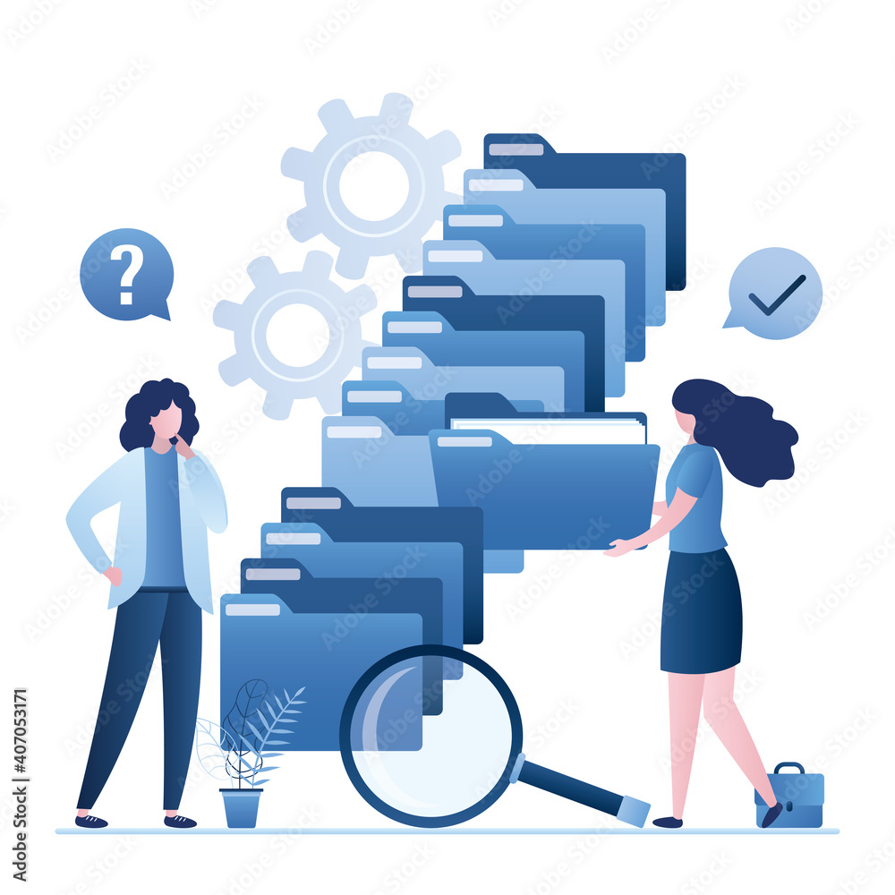 Quick files search. Clerk assistant helps a woman user to quickly find ...