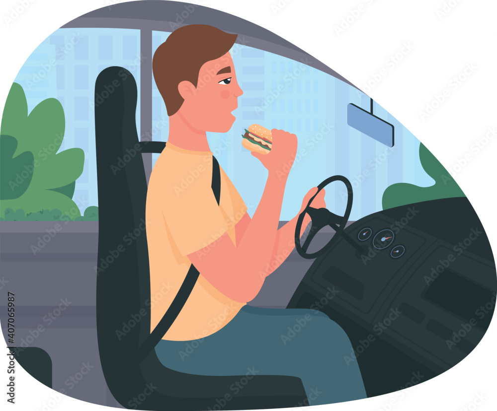 Distracted driving 2D vector web banner, poster. Driver eating at ...