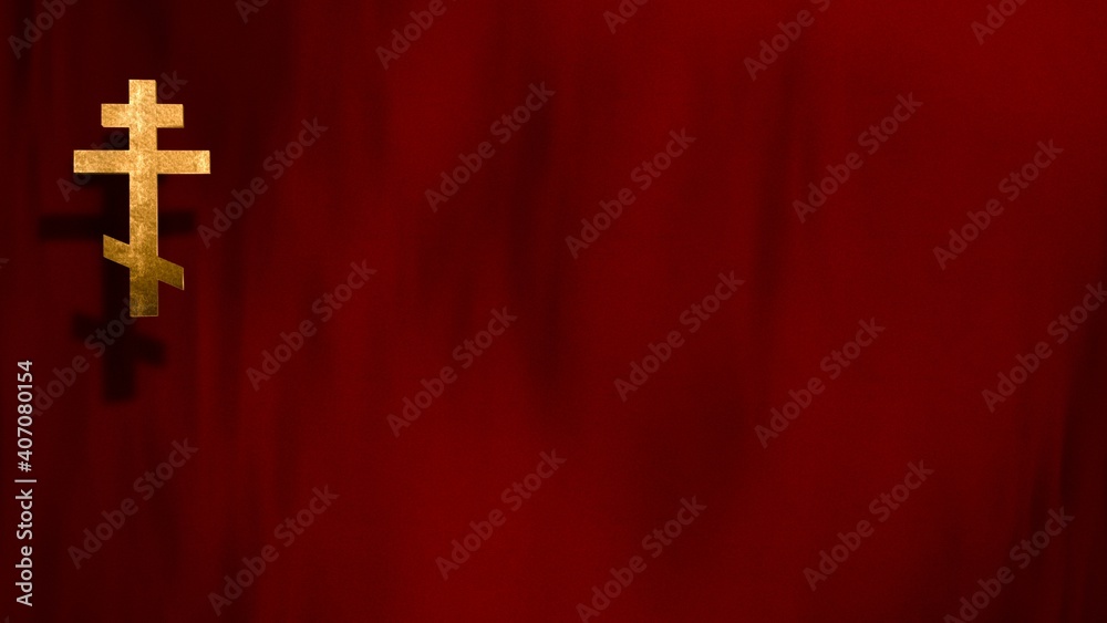 Liturgic red velvet, golden Christian Russian Orthodox Cross. 3D ...