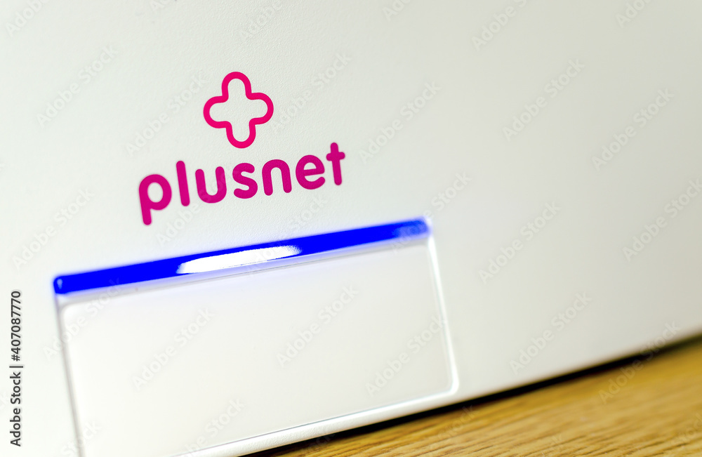 Plusnet logo seen on the WiFi router. Plusnet is a British internet ...