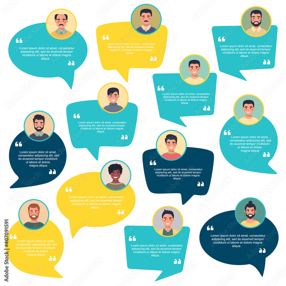 Testimonial Speech bubble concept, male avatar collection, customer ...