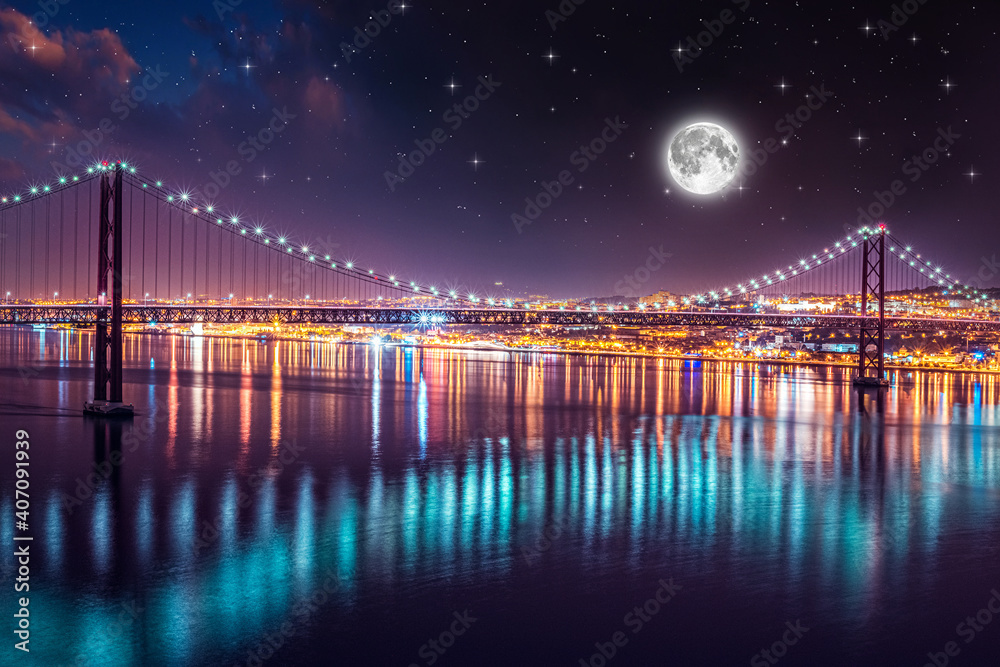 fantastic night landscape. Night road bridge and starry sky. bridge ...